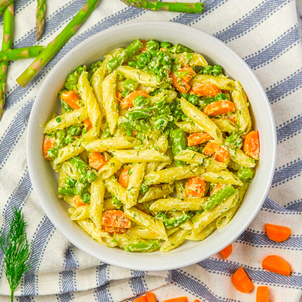 One Pot Creamy Goat Cheese Penne with Asparagus, Peas, Carrots & Dill ...