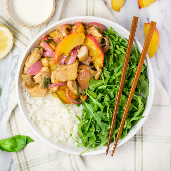Balsamic Roasted Chicken-Peach Rice Bowl with Arugula & Lemon Sauce ...