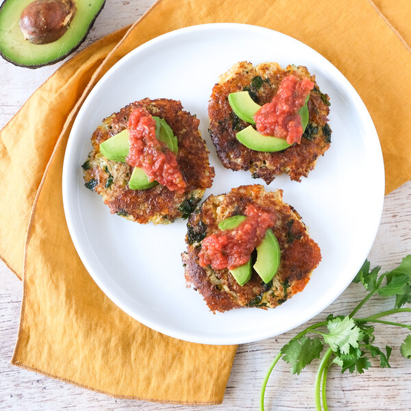 Cheesy Cauliflower-Cilantro Fritters with Avocado & Salsa | Tom Thumb