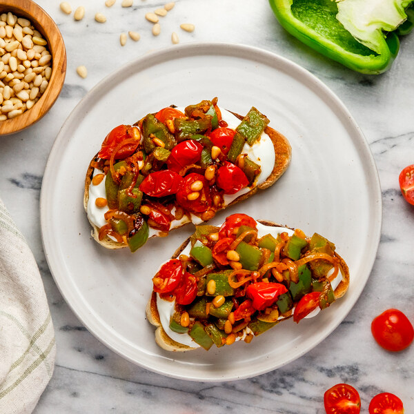 Blistered Tomato-Bell Pepper Sourdough Toasts with Yogurt & Pine Nuts ...