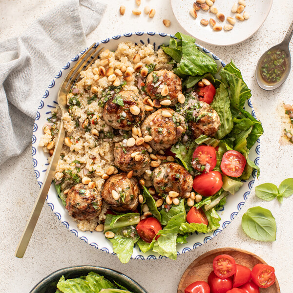 Turkey Meatball Quinoa Bowl with Romaine, Basil Dressing & Pine Nuts ...