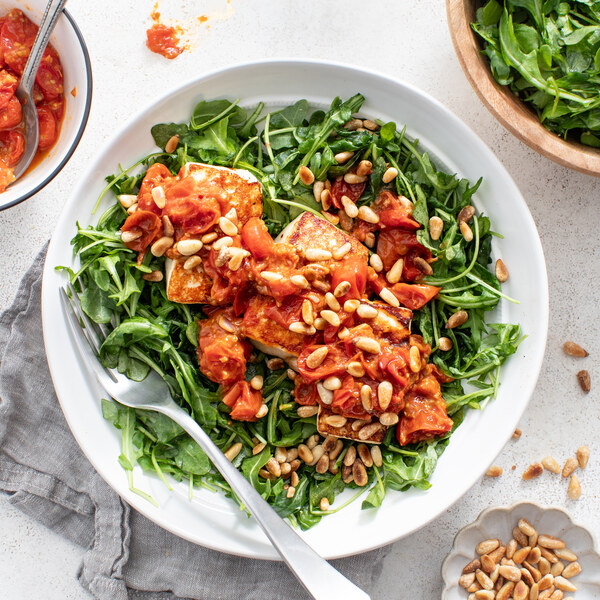 Crispy Halloumi with Roasted Tomatoes, Dressed Arugula & Pine Nuts ...
