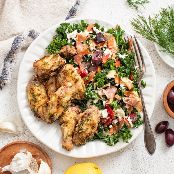 Greek Chicken Wings with Kale, Prosciutto, Artichoke & Olive Salad ...