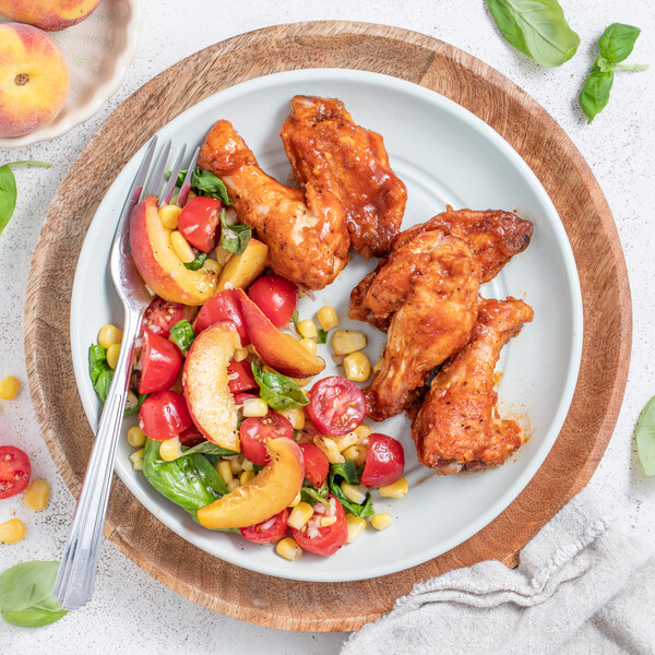 BBQ Chicken Wings with Tomato, Peach, Corn, Jalapeño & Basil Salad ...