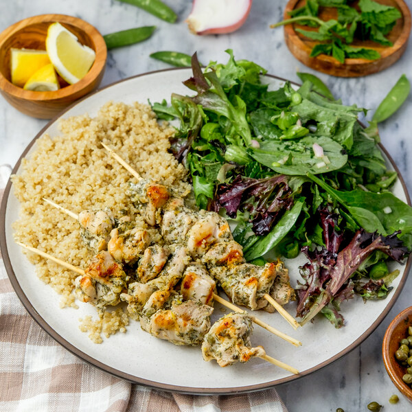 Lemon-Dill Chicken Skewers with Quinoa & Minty Snap Pea Mixed Greens ...