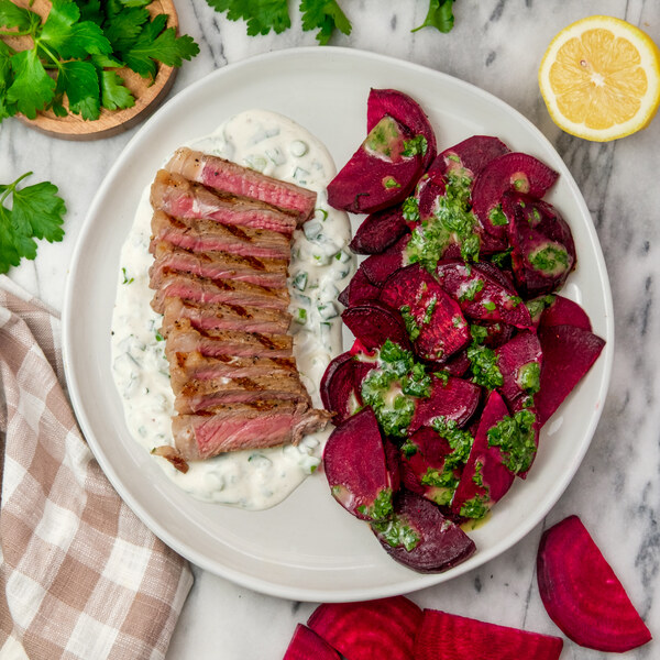 Striploin with Charred Green Onion Sauce & Lemon-Parsley Roasted Beets ...